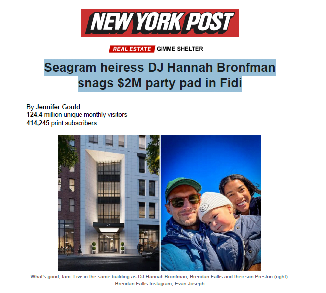Seagram heiress DJ Hannah Bronfman snags $2M party pad in Fidi - 77 ...